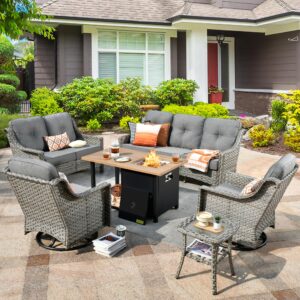 weaxty w patio furniture set,6 pieces wicker patio furnitures with outdoor loveseat,double-deck fire pit table,swivel rocking chairs,all weather patio conversation sets,dark gray