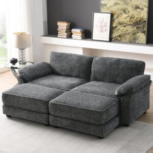 gnixuu deep seat sectional sofa with 2 ottoman, 81" chenille large loveseat sofa sleeper, double-upholstered comfy boucle cloud couch for living room, bedroom, office, apartment(gray)