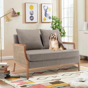 aklaus 45" w fabric small loveseat with natural rattan arms,upholstered modern mini sofa linen couch taupe settee bench with back for living room bedroom office small space entryway grey brown