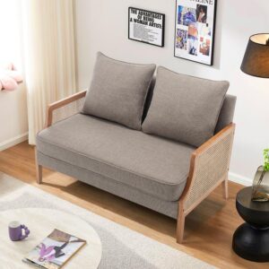 Aklaus 45" W Fabric Small loveseat with Natural Rattan Arms,Upholstered Modern Mini Sofa Linen Couch Taupe Settee Bench with Back for Living Room Bedroom Office Small Space Entryway Grey Brown