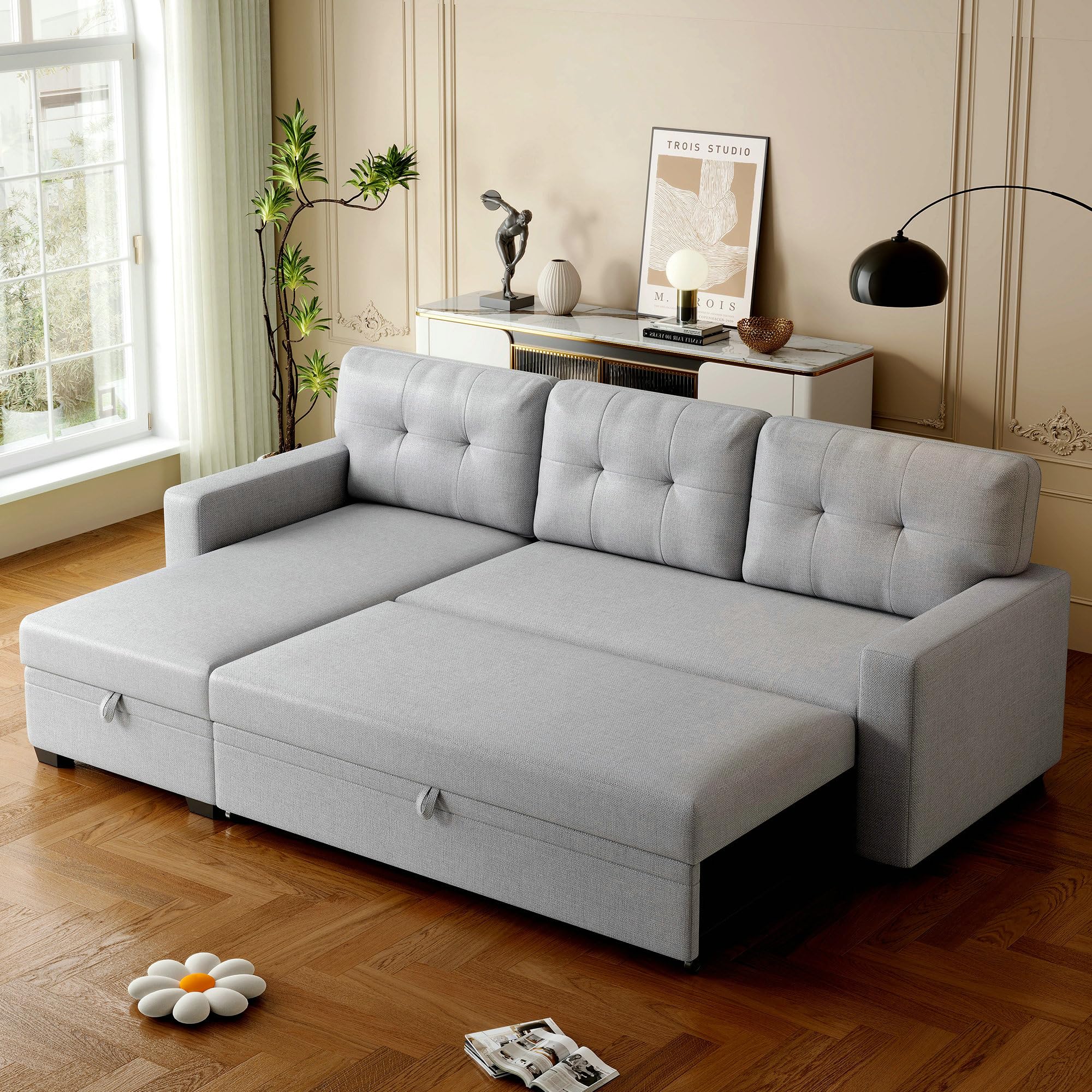 ACQCA 82" Convertible Sectional Sleeper Sofa with Storage Chaise, L Shaped Pull Out Couch Bed with 3 Tufted Back Cushion for Living Room, Apartment,Office,Light Gray