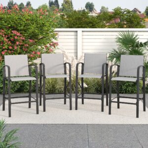 udpatio outdoor bar stools set of 4,bar height outdoor chairs with back and armrest,all weather textilene high top bar stools, for backyard, lawn garden, balcony(grey white)