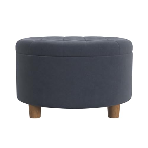 HomePop Home Decor | Button Tufted Velvet Round Storage Ottoman | Ottoman with Storage for Living Room & Bedroom, Steel Blue Velvet