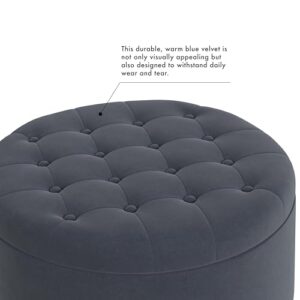 HomePop Home Decor | Button Tufted Velvet Round Storage Ottoman | Ottoman with Storage for Living Room & Bedroom, Steel Blue Velvet