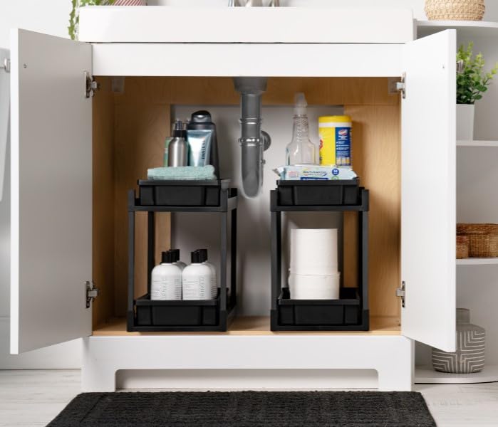 IRIS USA 2-Tier Under Sink Organizer, 2 Pack, Storage with Sliding Drawers - Versatile Solution for Office, Kitchen or Bathroom - Black