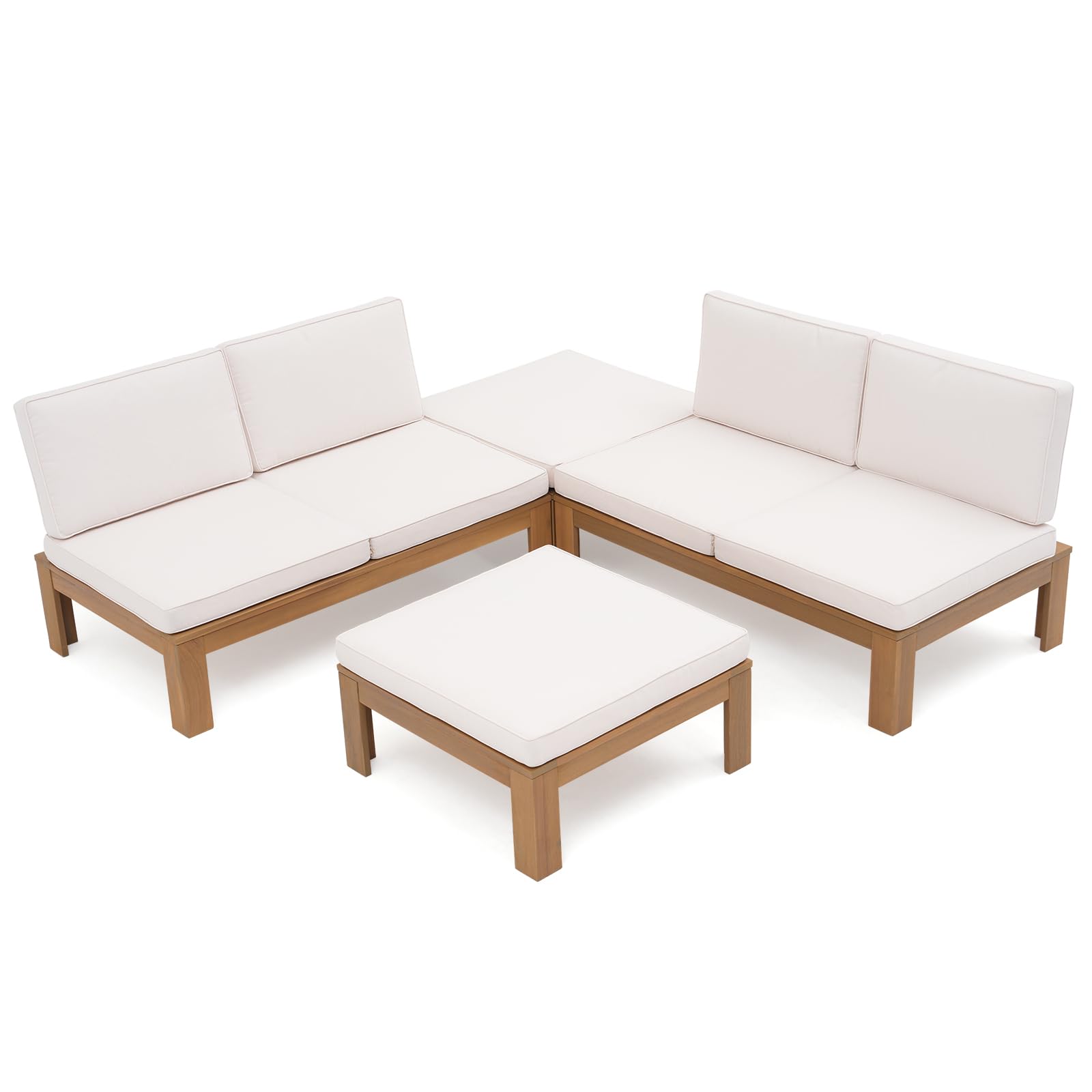 SUNSITT 4 Piece Acacia Wood Patio Furniture Outdoor Sectional Sofa Set with Adjustable Armrest, FSC Certified L-Shaped Patio Set w/2-in-1 Coffee Table, Cream White Cushions for Garden