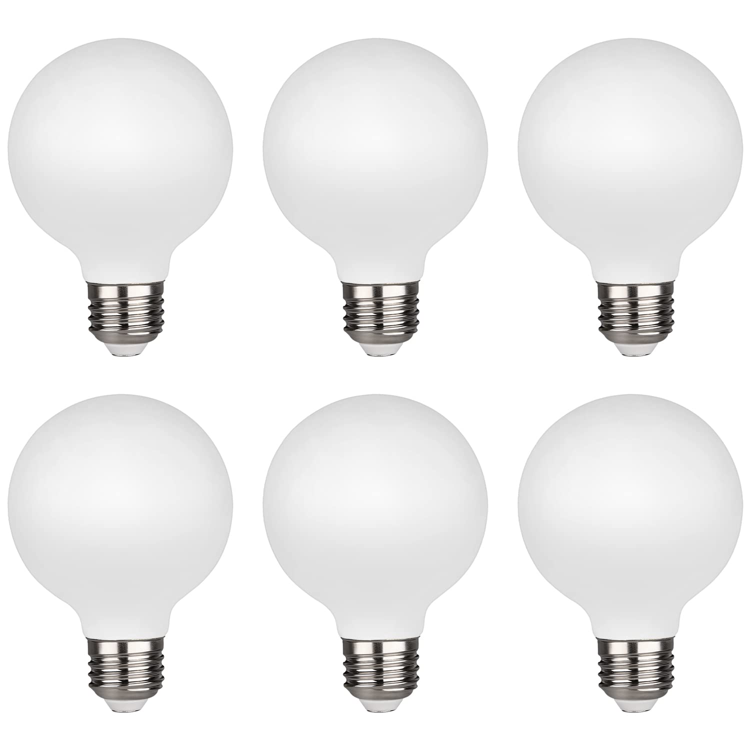 KGC G25 LED Globe Light Bulbs, 40W Equivalent, 2700K Warm White Bathroom, E26 Base, Milky Glass Vanity Round, Perfect for Vanity Makeup Mirror, 120V CRI90+ Dimmable 6Pack