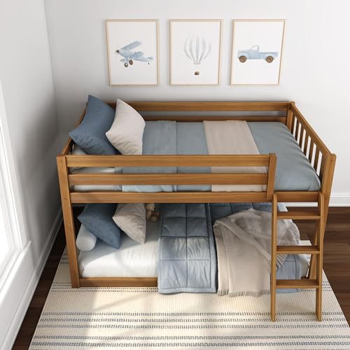 Max & Lily Fundamental Twin Low Bunk Bed, Kids Solid Wood Modern Bed Frame with Strong Wooden Slats, Non-Toxic Finishes, High Weight Capacity, Pecan