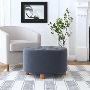 HomePop Home Decor | Button Tufted Velvet Round Storage Ottoman | Ottoman with Storage for Living Room & Bedroom, Steel Blue Velvet