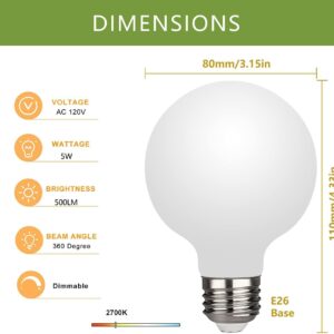 KGC G25 LED Globe Light Bulbs, 40W Equivalent, 2700K Warm White Bathroom, E26 Base, Milky Glass Vanity Round, Perfect for Vanity Makeup Mirror, 120V CRI90+ Dimmable 6Pack