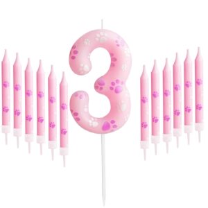 dog paw birthday candles numbers 3 candle with 12 pieces long thin candles, dog paw print birthday party decorations,pink birthday candles cake toppers for boy girl birthday party anniversary supplies