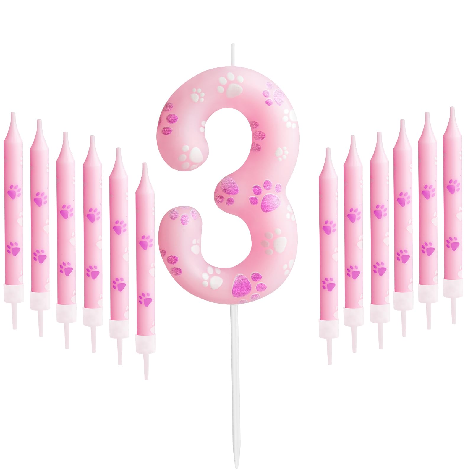 Dog Paw Birthday Candles Numbers 3 Candle with 12 Pieces Long Thin Candles, Dog Paw Print Birthday Party Decorations,Pink Birthday Candles Cake Toppers for Boy Girl Birthday Party Anniversary Supplies