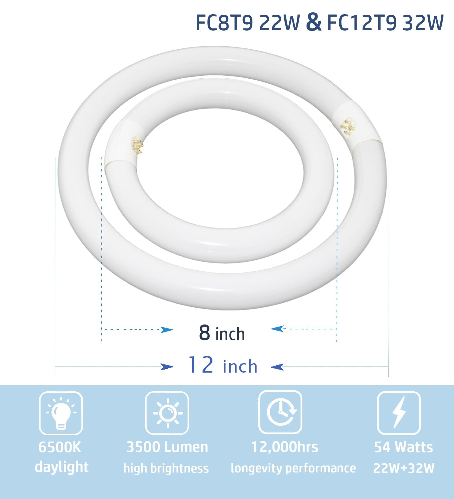 Circular Light Bulbs Set FC12T9-DL and FC8T9-DL Daylight Fluorescent Lamp,Circline 6500K 12inch T9 32Watts and 8inch 22Watts Replacement for Ceiling Light,12,000hrs Long Lifespans