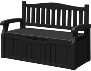 greesum 70 gallon storage bench outdoor deck box with armrest, patio furniture,lockable, waterproof and uv resistant, suitable for garden, pool, black