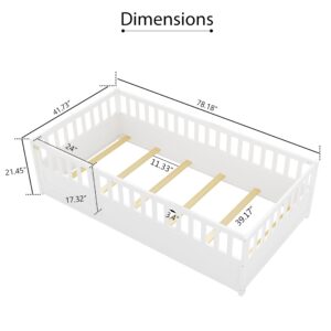 CITYLIGHT Twin Floor Bed with High Rails, Wood Montessori Floor Bed with Door Design, Kids Twin Bed Frame with Bed Slats for Boys Girls Children,White