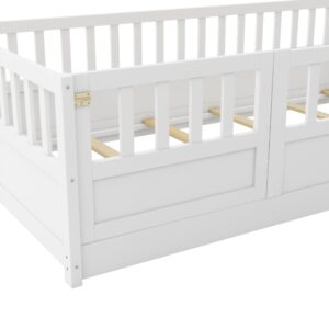 CITYLIGHT Twin Floor Bed with High Rails, Wood Montessori Floor Bed with Door Design, Kids Twin Bed Frame with Bed Slats for Boys Girls Children,White