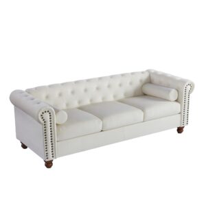 ruisisi classic traditional upholstered sofa with high-tech fabric surface, chesterfield tufted fabric sofa couch for living room, white