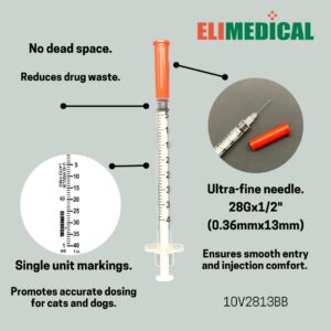 Elimedical Veterinary Syringe U-40 1ml 28G x 1/2" 30pcs/box 10V2813B