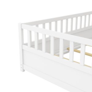 CITYLIGHT Twin Floor Bed with High Rails, Wood Montessori Floor Bed with Door Design, Kids Twin Bed Frame with Bed Slats for Boys Girls Children,White