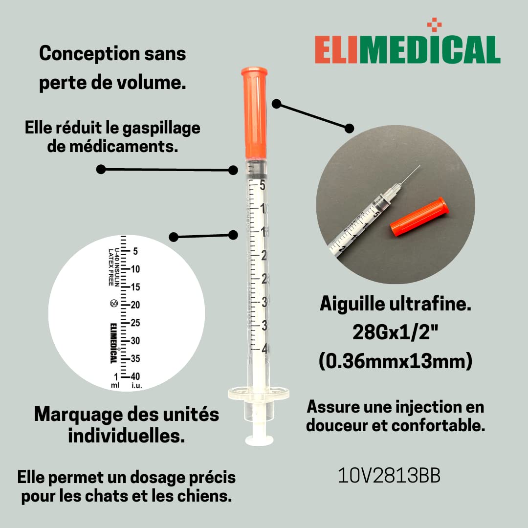 Elimedical Veterinary Syringe U-40 1ml 28G x 1/2" 30pcs/box 10V2813B