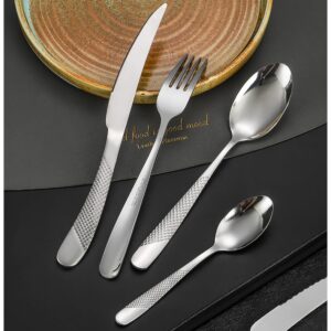 18/8 stainless steel flatware set for 8, tableware set handle France style cutlery set with knife, fork, spoon, steak knife in Diamond texture pattern, perfect as a housewarming gift