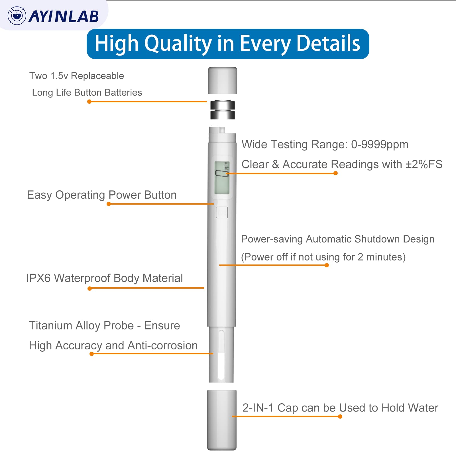 AyinLab TDS Water Hardness Tester Upgraded 0-9999ppm, Accurate 2%FS TDS Meter Digital Water Tester, Easy TDS Water Quality Tester for Drinking Water, RO/DI System, Pool&Spa, Hydroponics, Tap, Aquarium