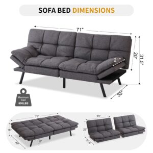 MUUEGM Futon Sofa Couch Bed, Convertible Memory Foam Futons Couch Bed, Adjustable Backrests Armrests Couch Bed Sleeper,Modern Love Seat Daybed Sofa for Living Room,Small Space,Office,71", Linen Grey