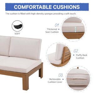 SUNSITT 4 Piece Acacia Wood Patio Furniture Outdoor Sectional Sofa Set with Adjustable Armrest, FSC Certified L-Shaped Patio Set w/2-in-1 Coffee Table, Cream White Cushions for Garden