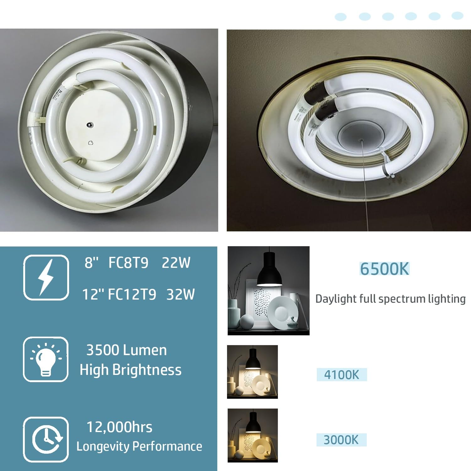 Circular Light Bulbs Set FC12T9-DL and FC8T9-DL Daylight Fluorescent Lamp,Circline 6500K 12inch T9 32Watts and 8inch 22Watts Replacement for Ceiling Light,12,000hrs Long Lifespans