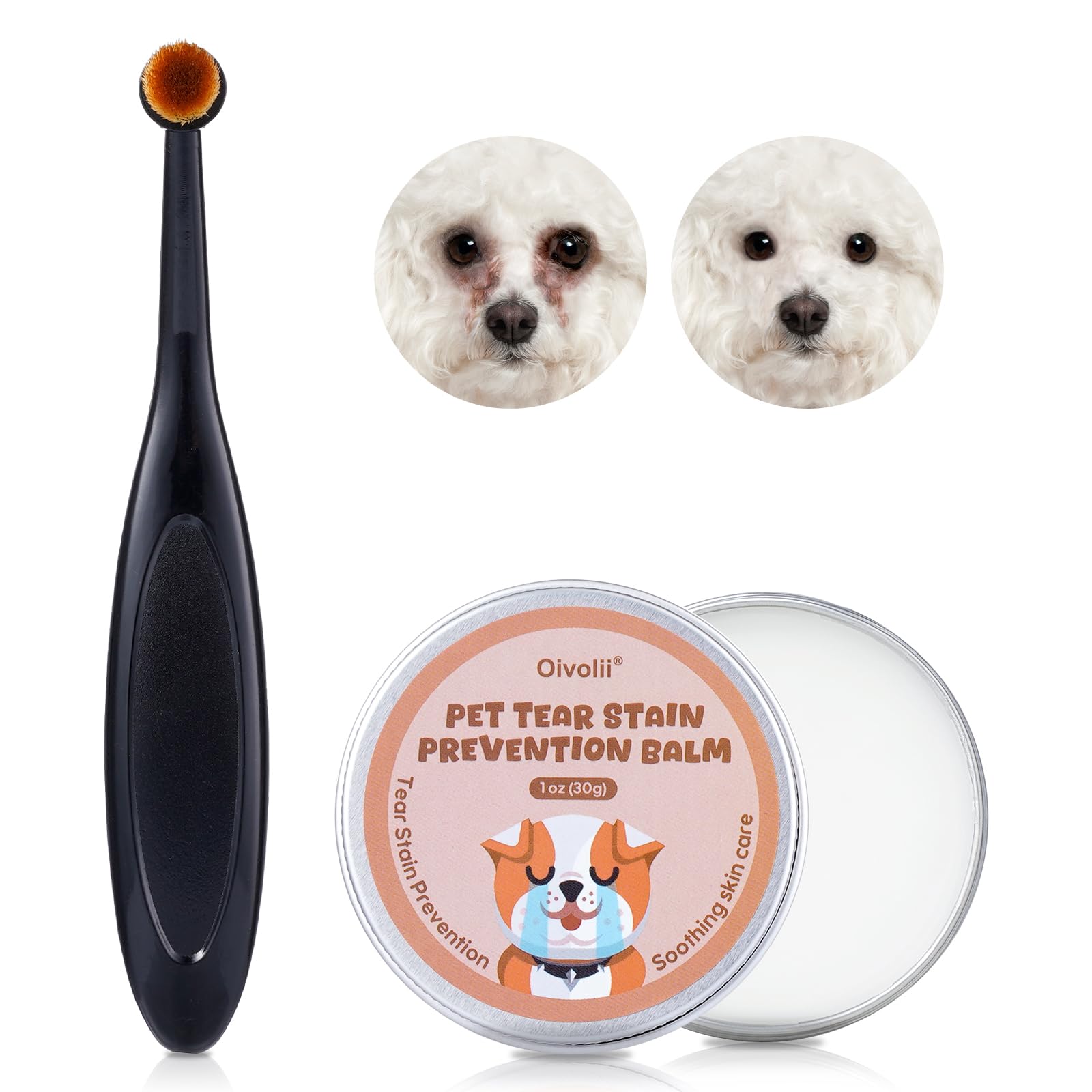 Oivolii Pet Tear Stain Remover Balm with Pro Powder Brush,Eye Care for Dogs and Cats, Natural Safe Repel Tears,Gently Cleanses Effective & Non-Irritating,1 oz