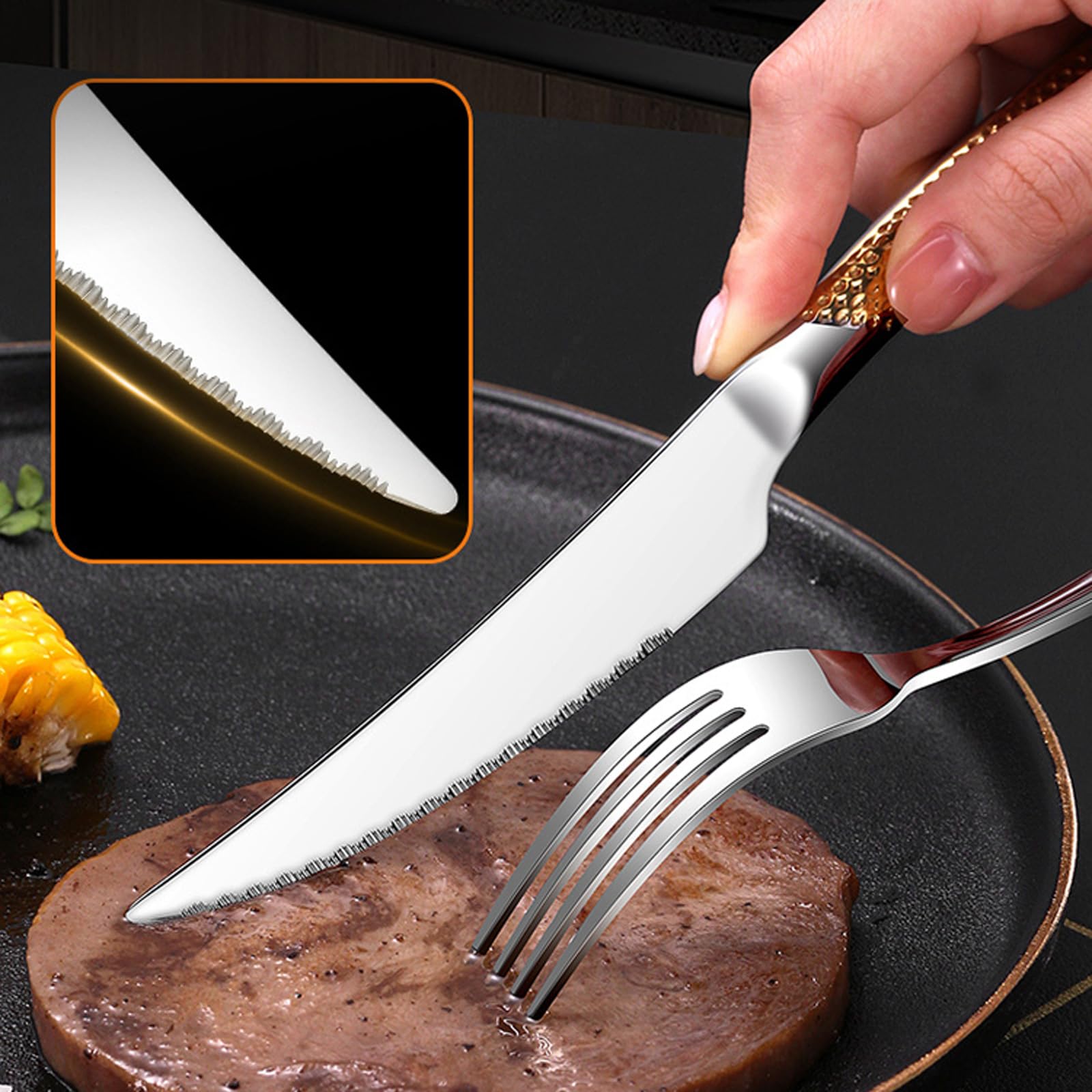 18/8 stainless steel flatware set for 8, tableware set handle France style cutlery set with knife, fork, spoon, steak knife in Diamond texture pattern, perfect as a housewarming gift