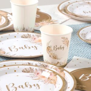 Boho Baby Shower Decorations Plates and Napkins Tableware for 24 Guests, Pampas Grass Floral Paper Plates Cups Design for Neutral Baby Shower Girl Boy Boho Party Supplies