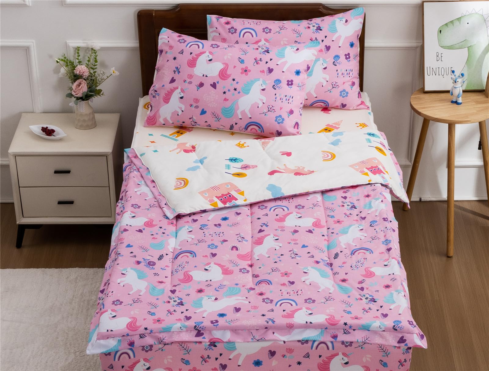 Meeting Story 3pcs Kids Comforter Sets Zipper Bedding Set for Girls,Twin Kid Bedding Set Rainbow Comforter Unicorn Bedding Set for Kid,All in one Zipper Bedding(Pink，Twin