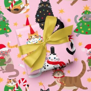 WRAPAHOLIC Christmas Wrapping Paper - Mini Roll - 17 Inch x 33 Feet - Adorable Christmas Cat Design for Christmas, Holiday, Party Celebration