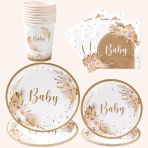 boho baby shower decorations plates and napkins tableware for 24 guests, pampas grass floral paper plates cups design for neutral baby shower girl boy boho party supplies