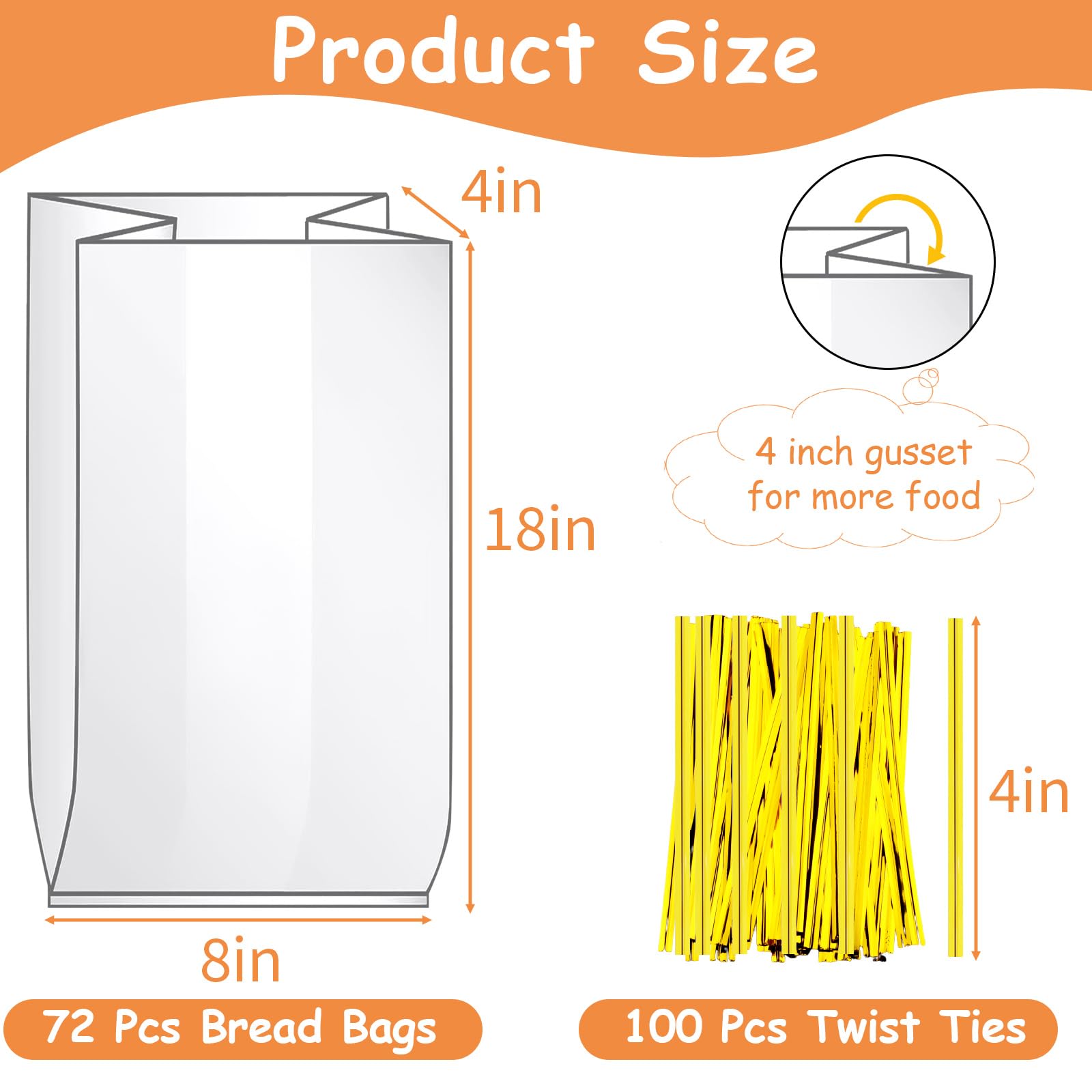 Bread Bags with Ties, 72 Pack Clear Bread Bags for Homemade Bread and 100 Ties, Adjustable Reusable Plastic Bread Bags, Bread Loaf Bags for Home Bakers and Bakery Owners