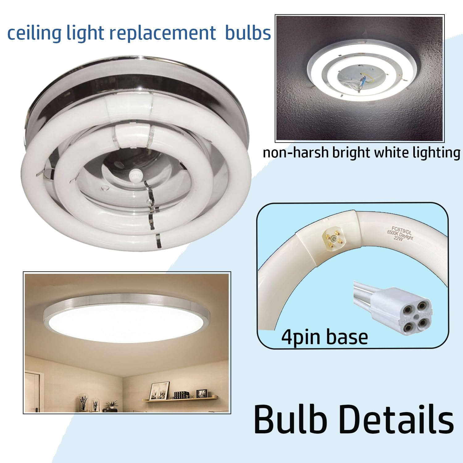 Circular Light Bulbs Set FC12T9-DL and FC8T9-DL Daylight Fluorescent Lamp,Circline 6500K 12inch T9 32Watts and 8inch 22Watts Replacement for Ceiling Light,12,000hrs Long Lifespans