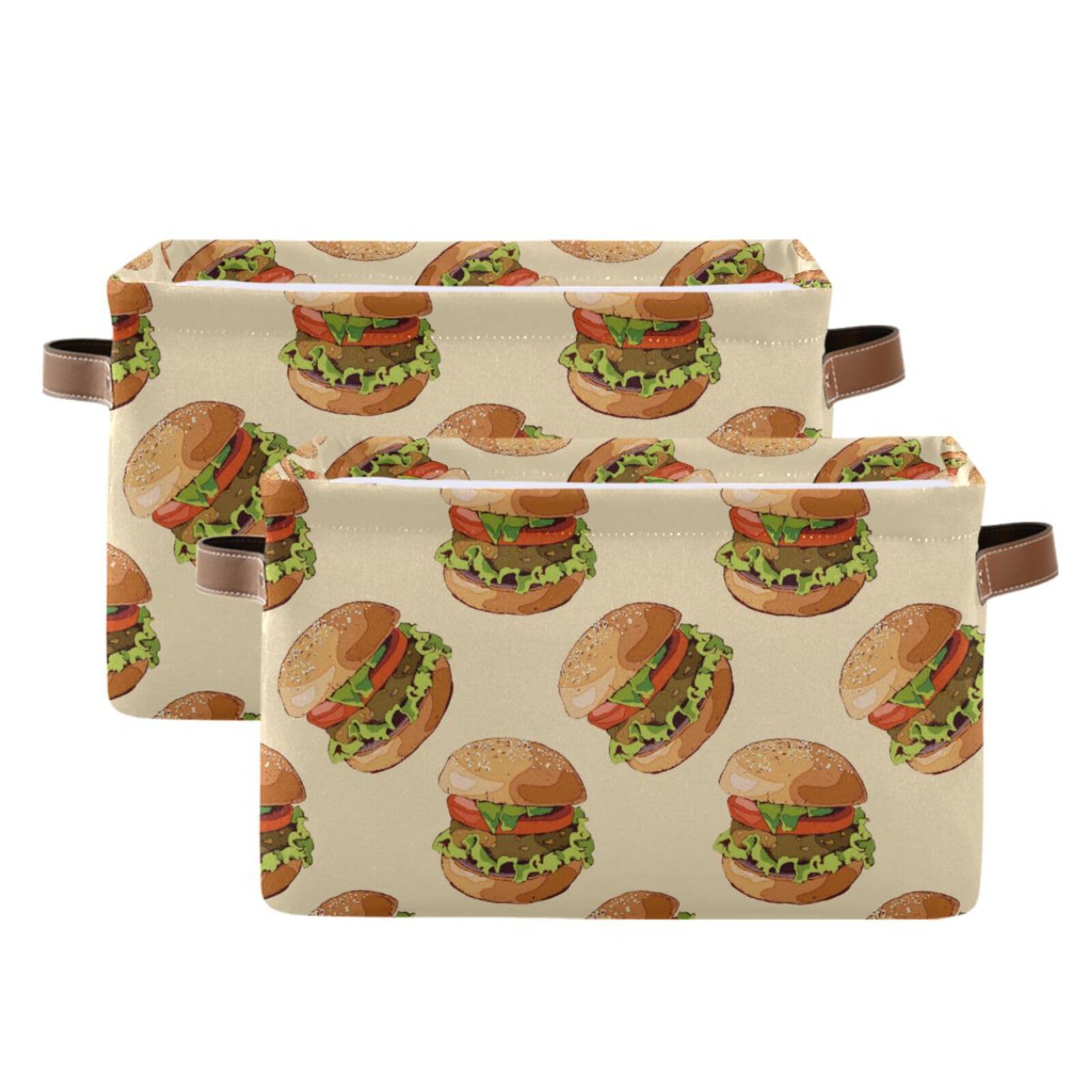 pnyoin Delicious Burger Rectangular Storage Basket,2 Pack Canvas Fabric Storage Bins Decorative Collapsible Storage Basket with Handles for Shelves Living Room Nursery Clothes