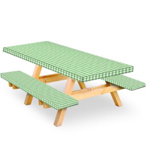 raweao picnic table cover with bench covers - 3 piece fitted picnic table cover with elastic band and flannel backing, picnic table cover for outdoor, bbq, camping (30 x 72 inch, green)