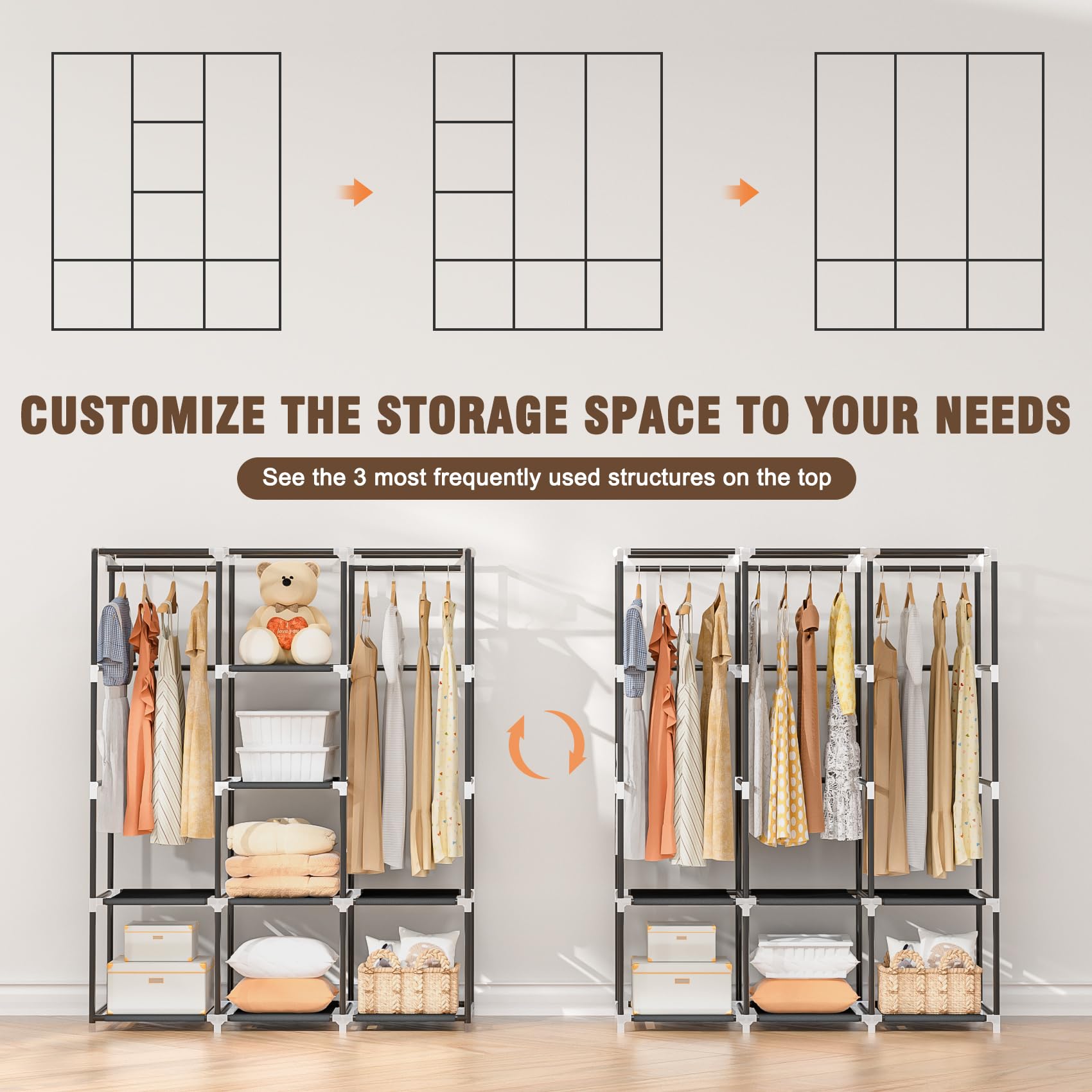 Neatrays Wardrobe Closet，Portable Closets for Hanging Clothes,Free Standing Clothes Rack with Cover & 3 Hanging rods & 6 Storage Shelves & 2 Side Pockets