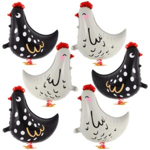 6 pcs walking chicken balloons, aluminum foil chicken party decorations white and black chicken walking balloons for birthday baby shower farm animal theme party