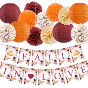 fall in love bridal shower decorations, fall in love wedding supplies fall bachelorette party decorations with orange maroon paper pompoms and lanterns for fall engagement decorations