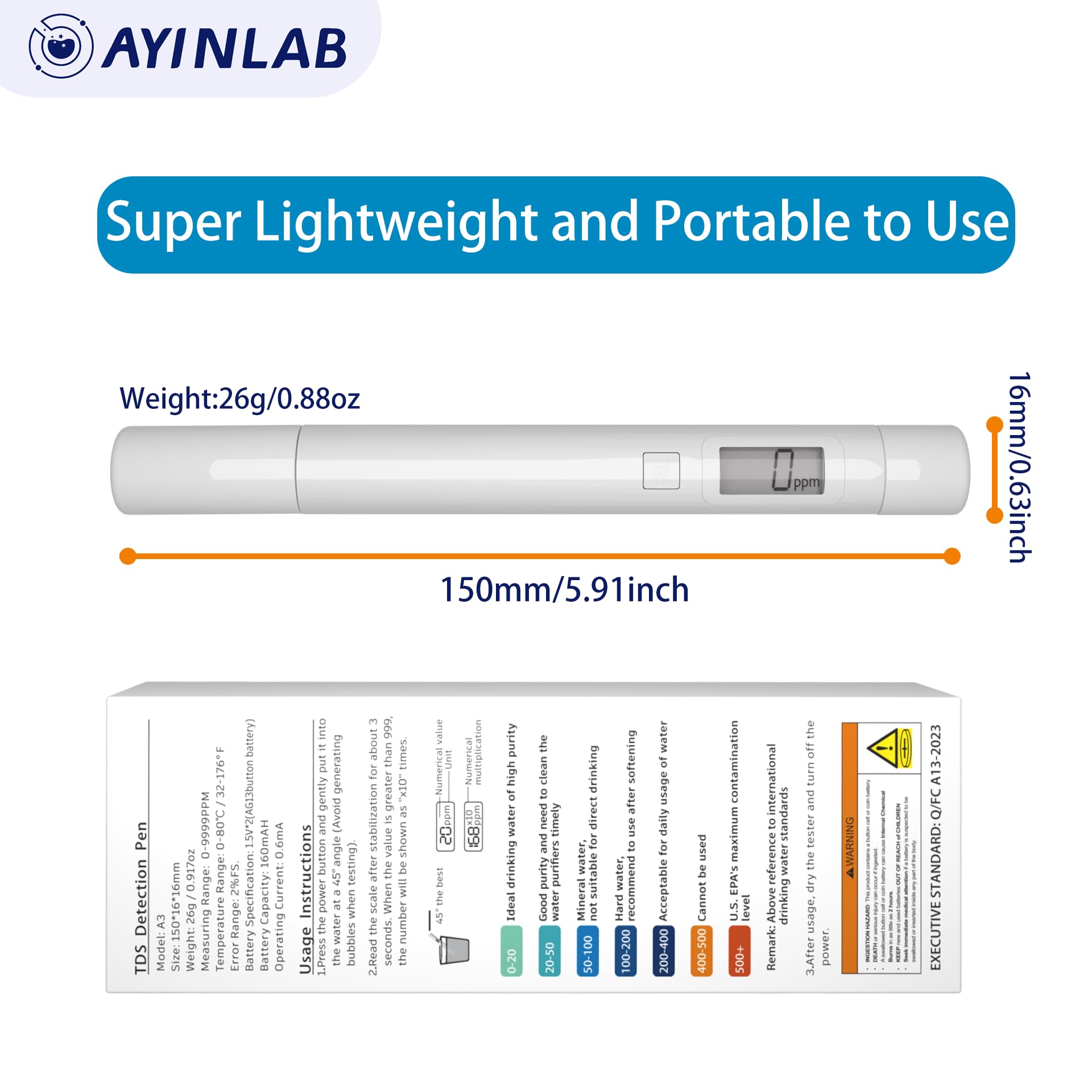 AyinLab TDS Water Hardness Tester Upgraded 0-9999ppm, Accurate 2%FS TDS Meter Digital Water Tester, Easy TDS Water Quality Tester for Drinking Water, RO/DI System, Pool&Spa, Hydroponics, Tap, Aquarium