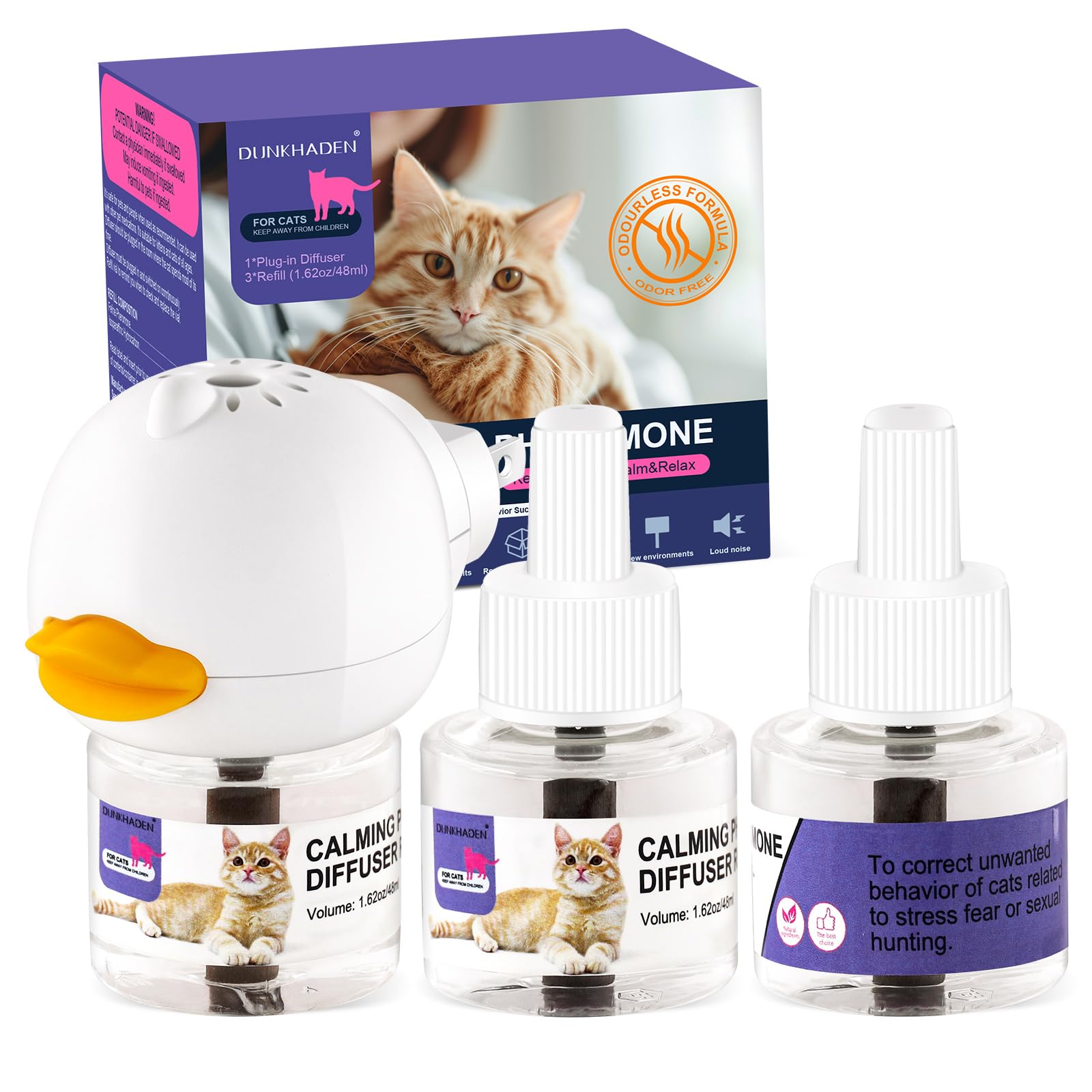 DUNKHADEN Cat Calming Pheromone Diffuser Reduces Conflict Between Cats Effective Anxiety Relief for Cats & Cat Calming Soothing 48ML 3 Refills Fits All Cats - 3 Pack