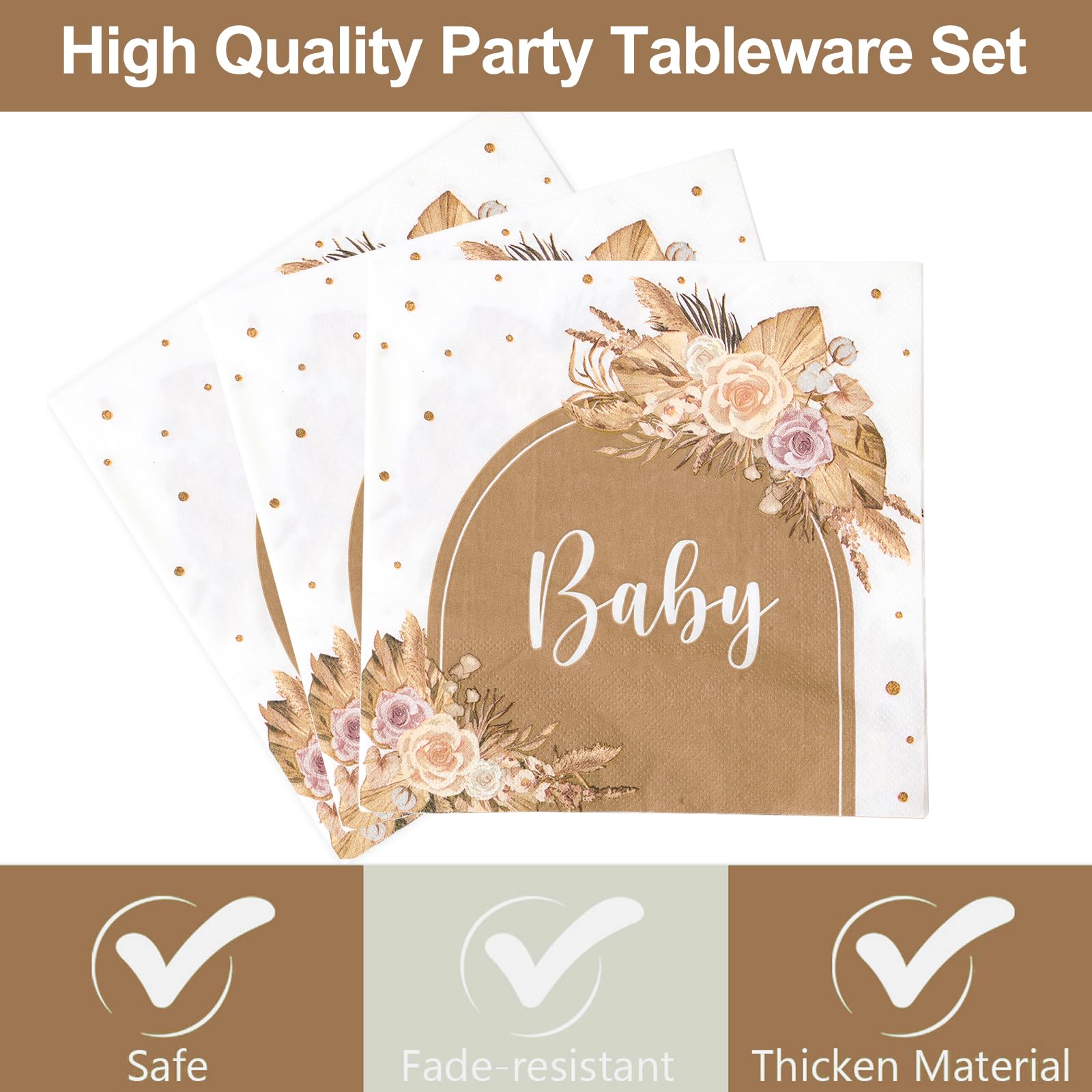 Boho Baby Shower Decorations Plates and Napkins Tableware for 24 Guests, Pampas Grass Floral Paper Plates Cups Design for Neutral Baby Shower Girl Boy Boho Party Supplies