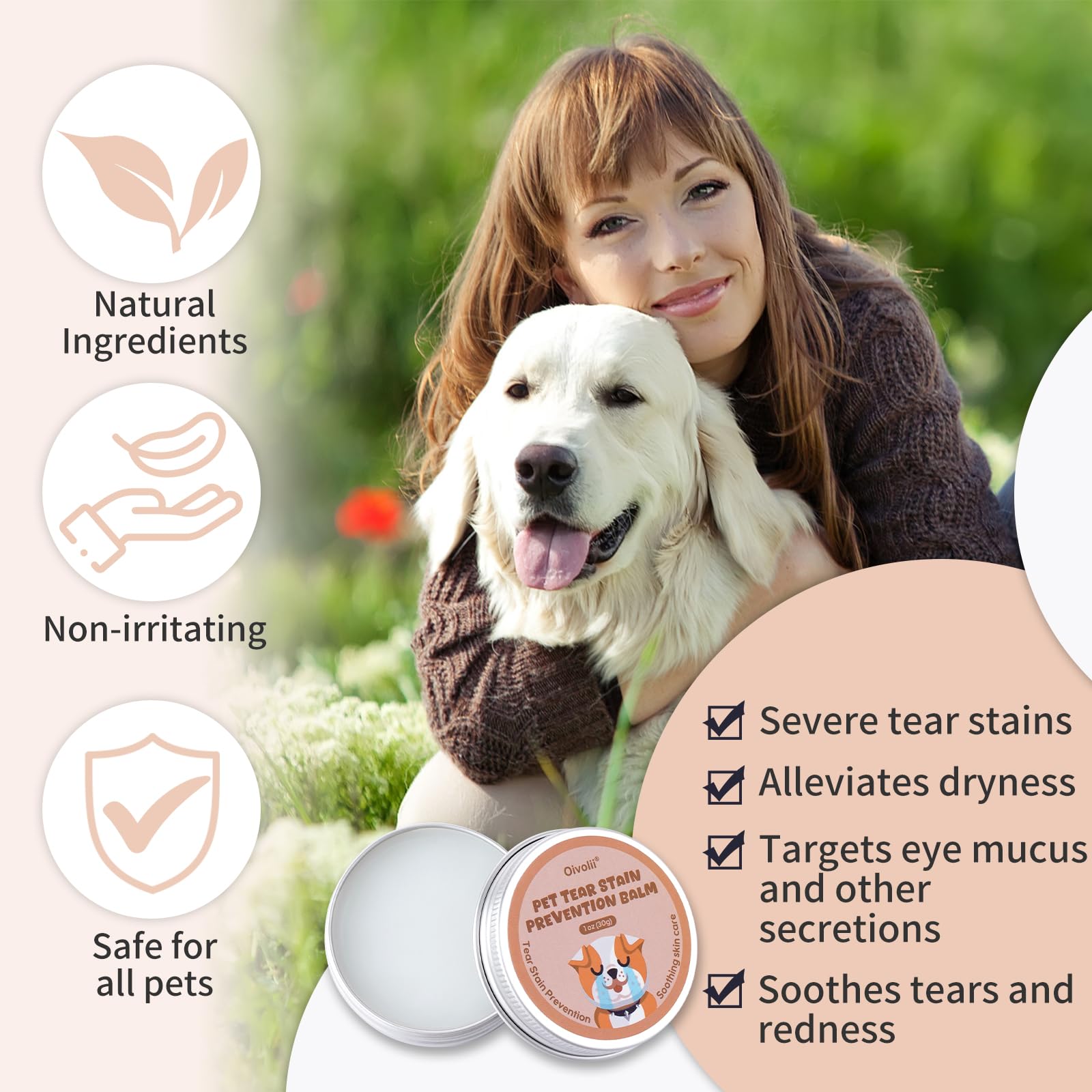 Oivolii Pet Tear Stain Remover Balm with Pro Powder Brush,Eye Care for Dogs and Cats, Natural Safe Repel Tears,Gently Cleanses Effective & Non-Irritating,1 oz