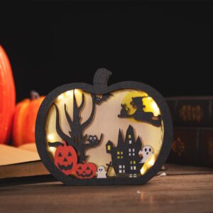 Jocomoni Halloween Wooden Table Sign Lighted Pumpkin Table Centerpiece LED Wood Table Decoration for Trick or Treat Halloween Party Dinner Coffee Table Topper Decor