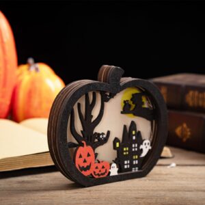 Jocomoni Halloween Wooden Table Sign Lighted Pumpkin Table Centerpiece LED Wood Table Decoration for Trick or Treat Halloween Party Dinner Coffee Table Topper Decor