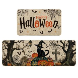 artoid mode pumpkin cat spider web crucifix bat halloween kitchen mats set of 2, black home decor low-profile kitchen rugs for floor - 17x29 and 17x47 inch