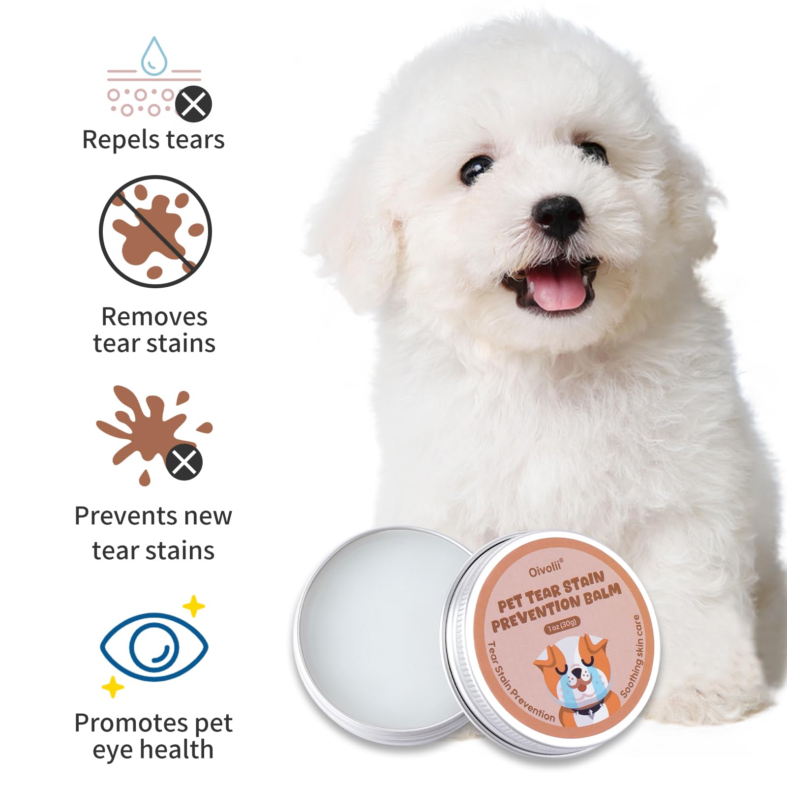 Oivolii Pet Tear Stain Remover Balm with Pro Powder Brush,Eye Care for Dogs and Cats, Natural Safe Repel Tears,Gently Cleanses Effective & Non-Irritating,1 oz